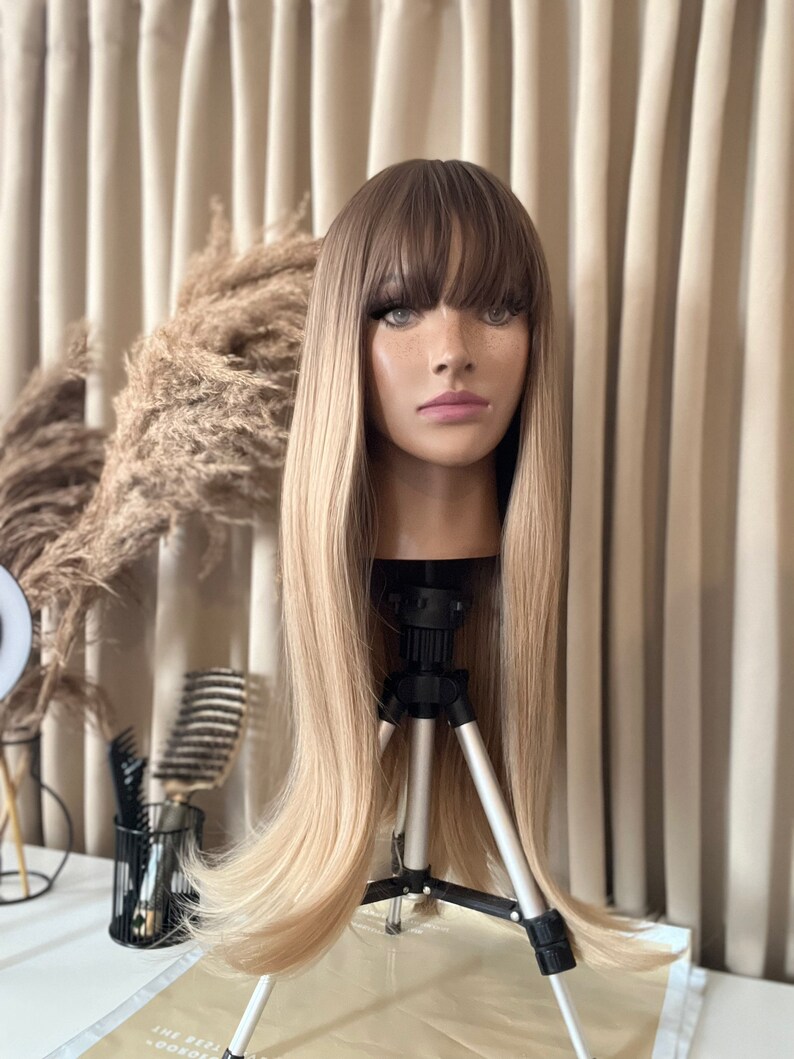 28 Two Tone Ombre Brown Synthetic Hair Wig With Bangs Long Straight ...