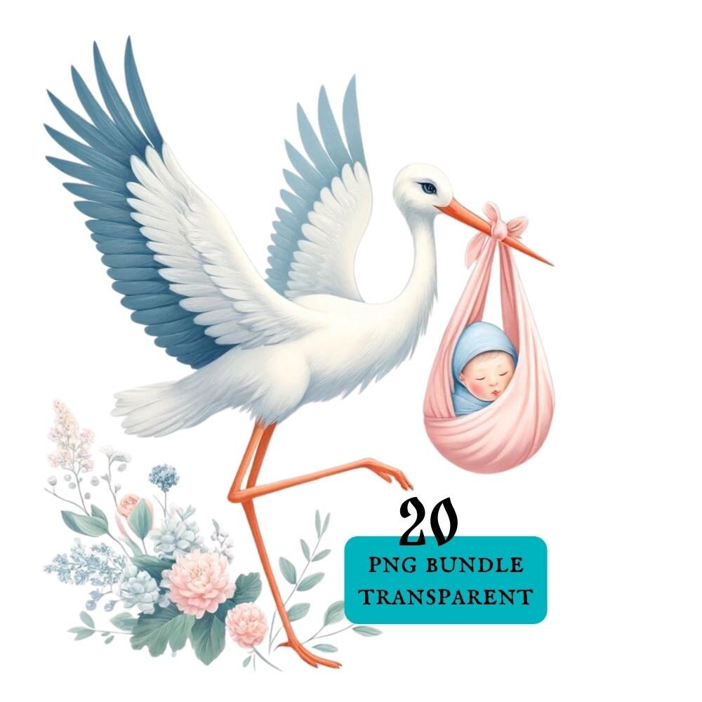 Stork Baby Clipart Baby Arrival Clipart Bundle 25 High-quality Images ...