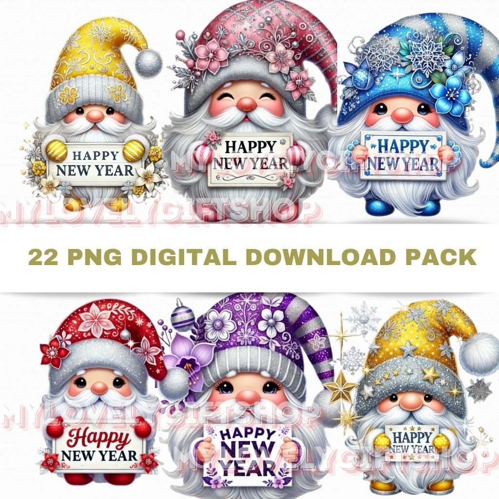 New Year Gnomes Clipart Bundle 22 PNG Files, Transparent Background ...