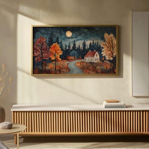 Autumn Night Cottage AI Art Print Fall Landscape Watercolor Digital ...