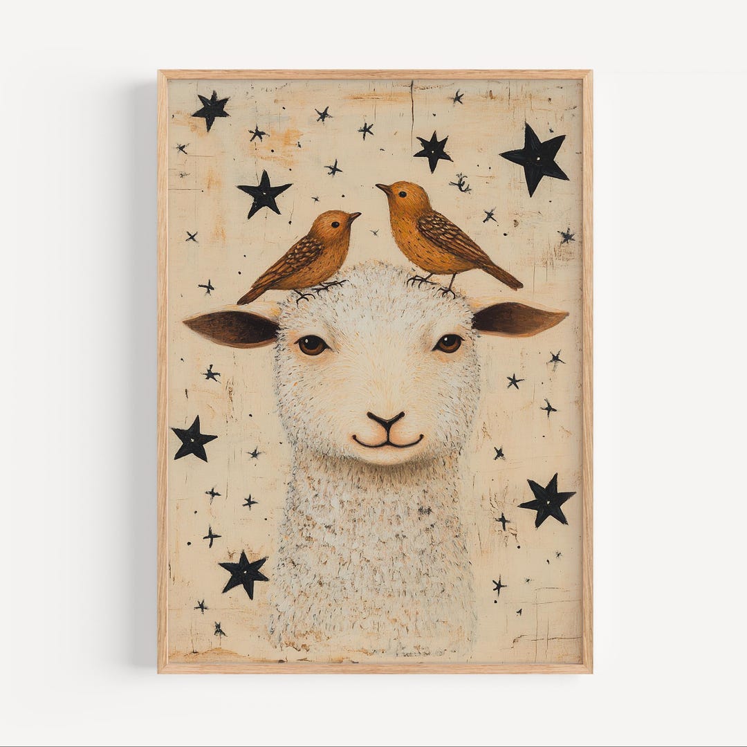 Primitive Sheep & Birds Art Print: Rustic Farmhouse Decor (PNG) - Etsy