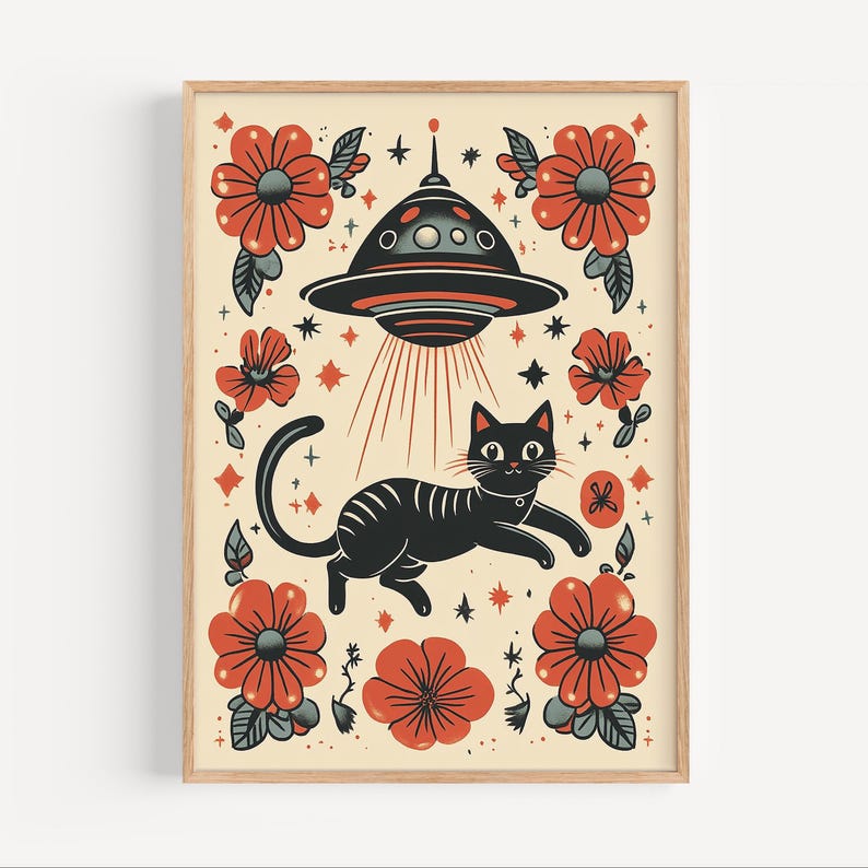 Alien Cat Abduction Tattoo Art: Vintage UFO Printable (digital Download ...