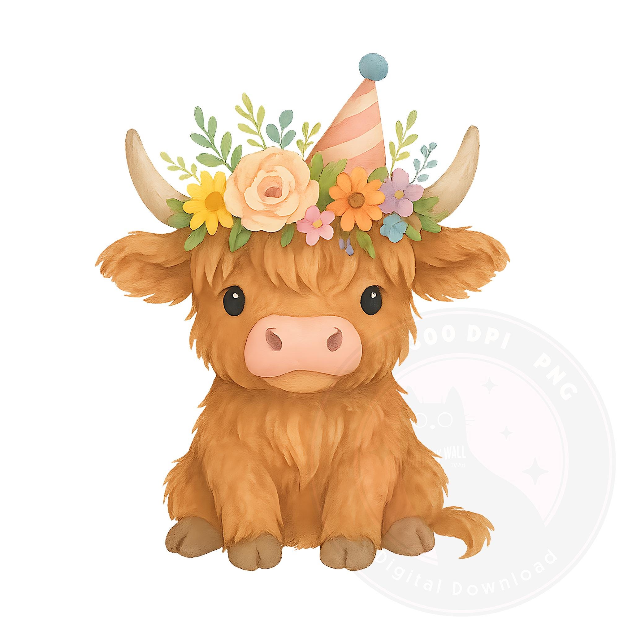 Highland Cow Birthday Clipart: Watercolor Animal PNG (digital Download ...