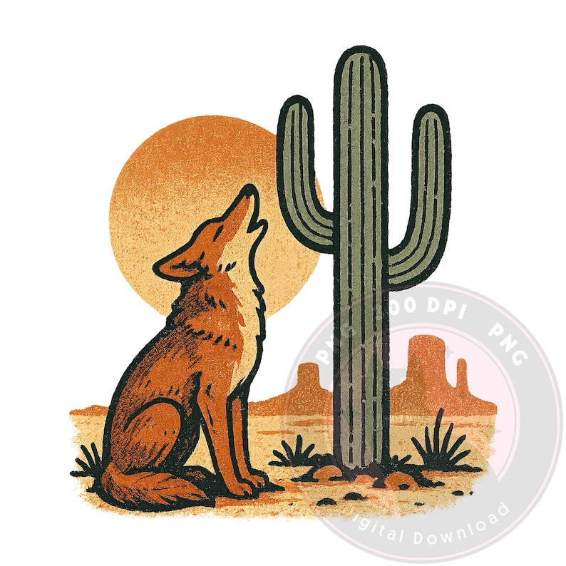 Western Coyote Clipart PNG: Desert Sunset Illustration (digital ...