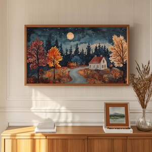 Autumn Night Cottage AI Art Print Fall Landscape Watercolor Digital ...