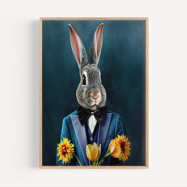 Rabbit in Blue Suit Wall Art PNG, Animal Portrait PNG, Fancy Bunny Art ...