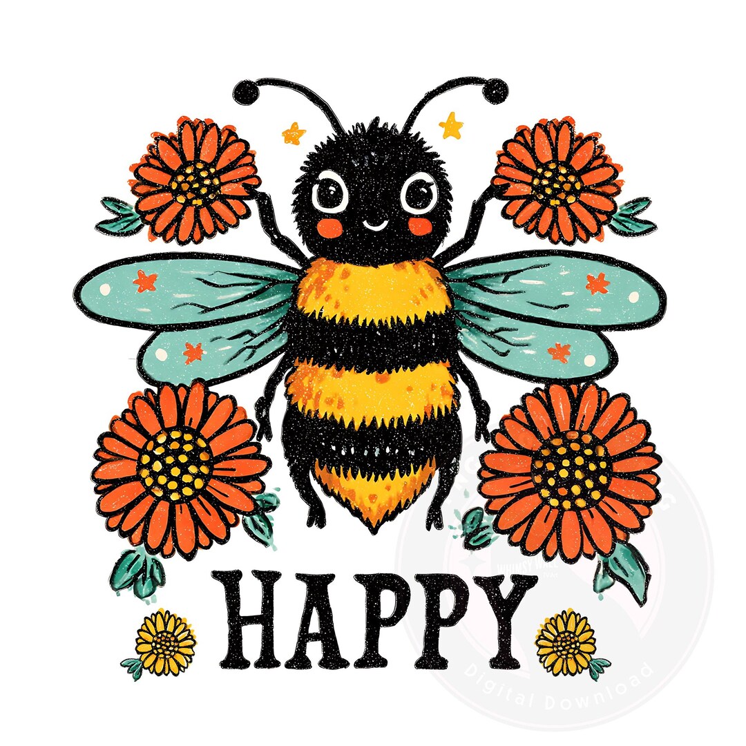 Bee Happy Clipart PNG: Retro Flower Smiling Bee, Sublimation Digital ...