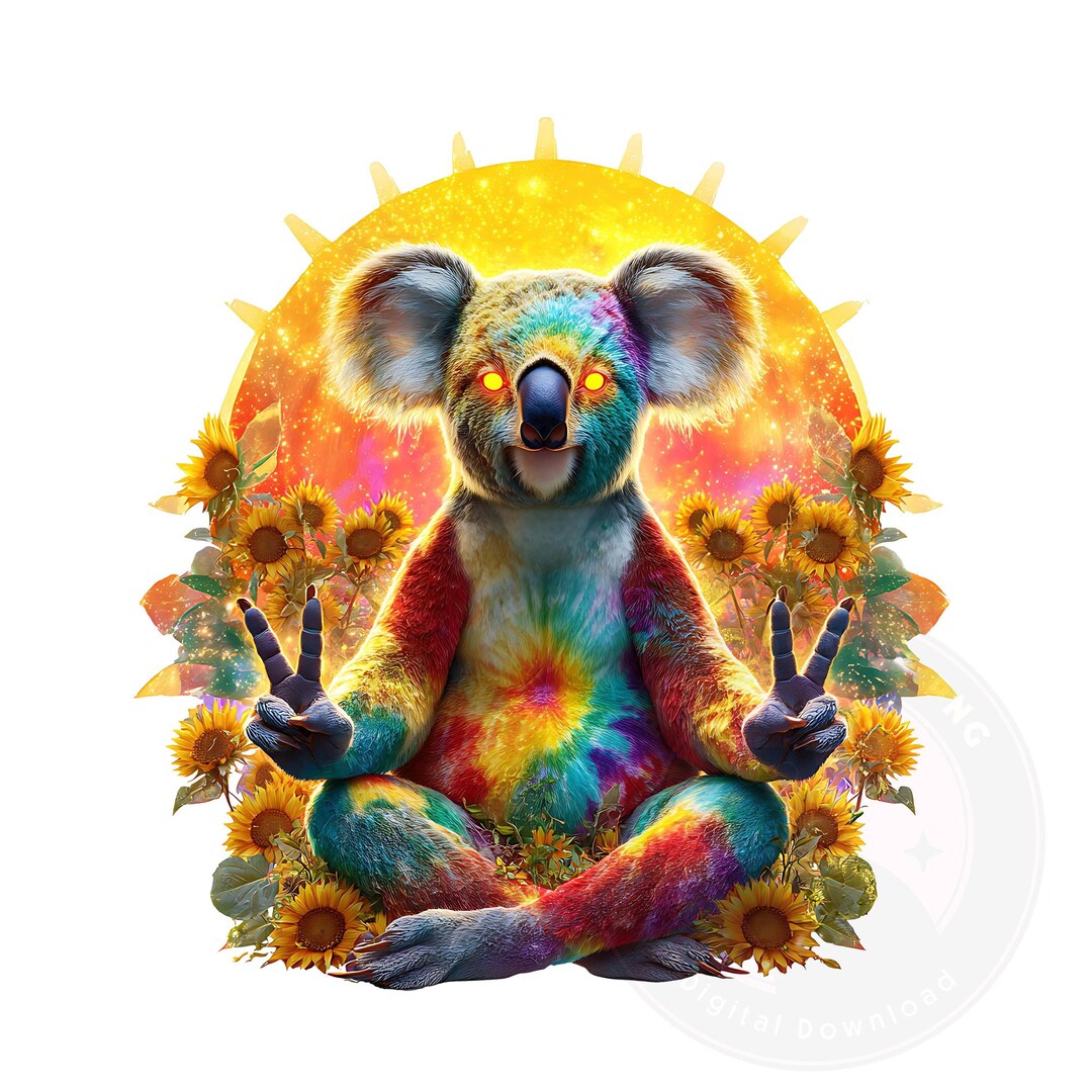 Psychedelic Koala Peace Clipart With Sunflowers – Trippy Retro Rainbow ...