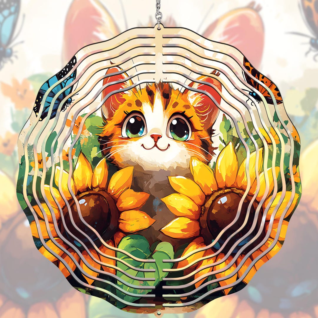 Cute Kitten Sunflower Wind Spinner PNG, Adorable Cat Garden Decor ...