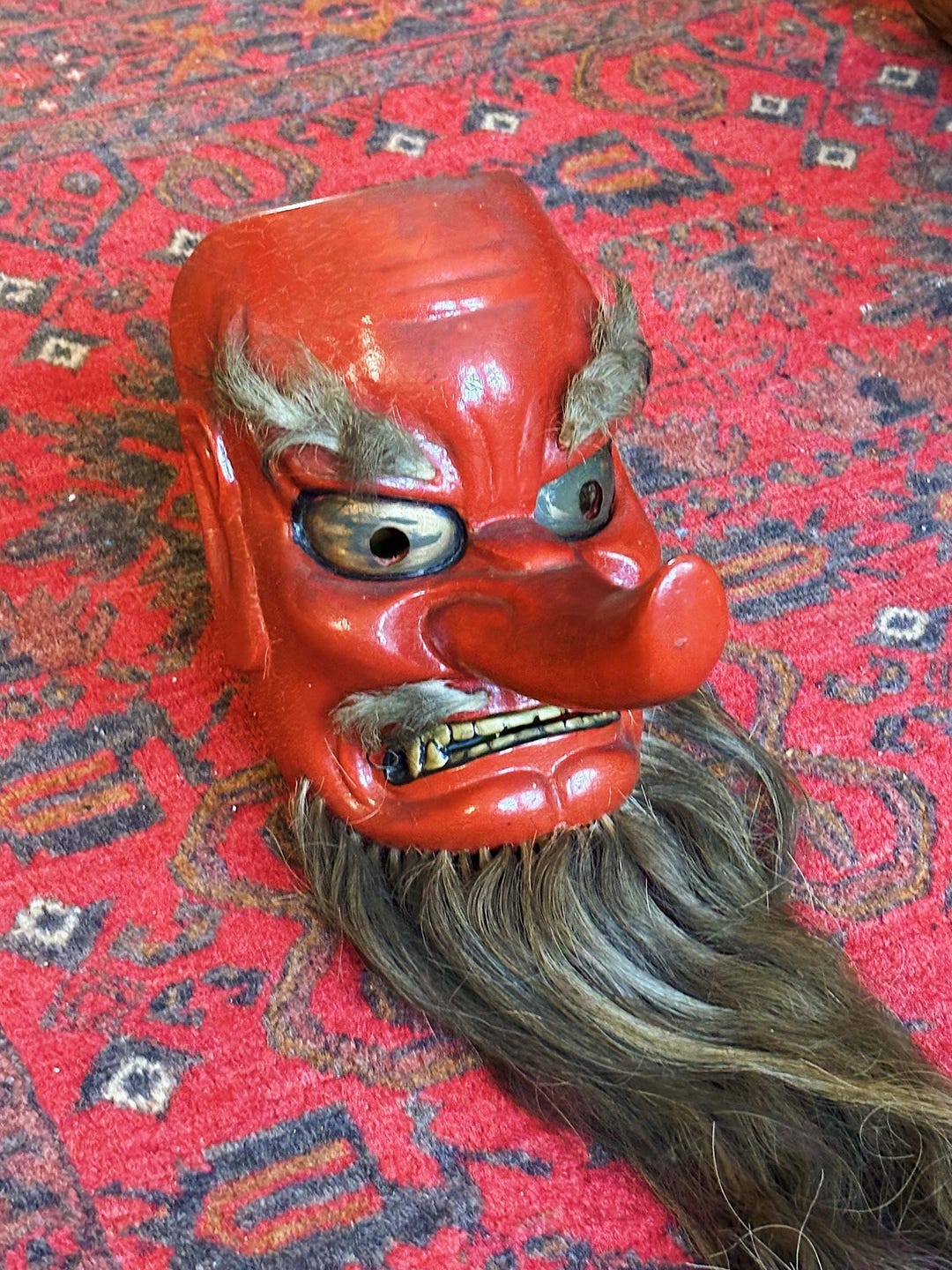 Antique Japanese Tengu Demon Mask - Vintage Noh Theater Yokai Mask With ...