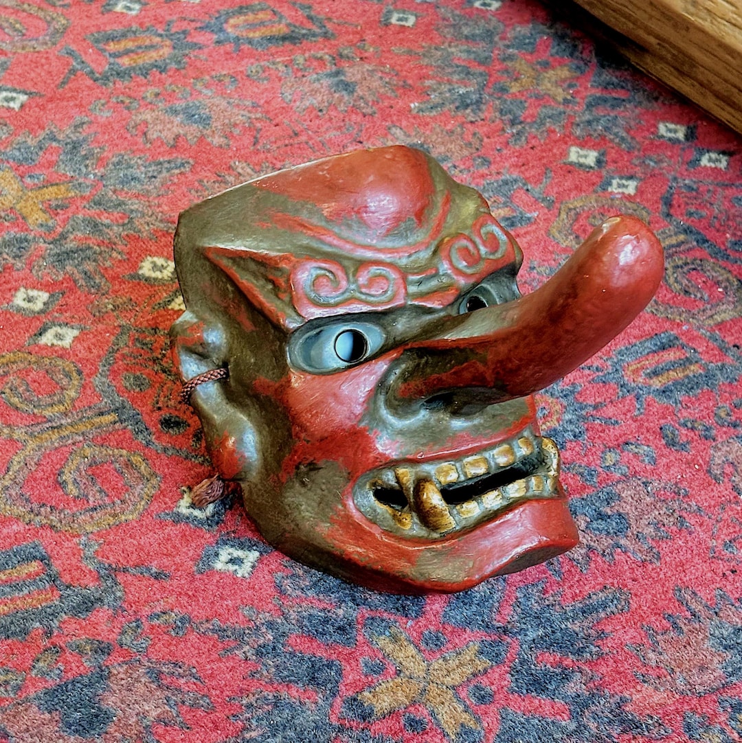 Antique Japanese Tengu Demon Mask - Vintage Noh Theater Yokai Mask ...