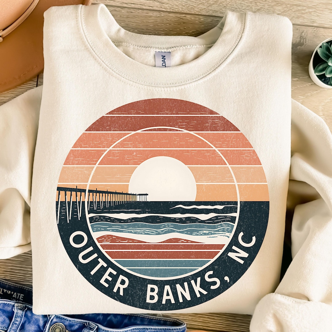 Outer Banks NC PNG – Retro Sunset Circle Beach Design, Faded Vintage ...