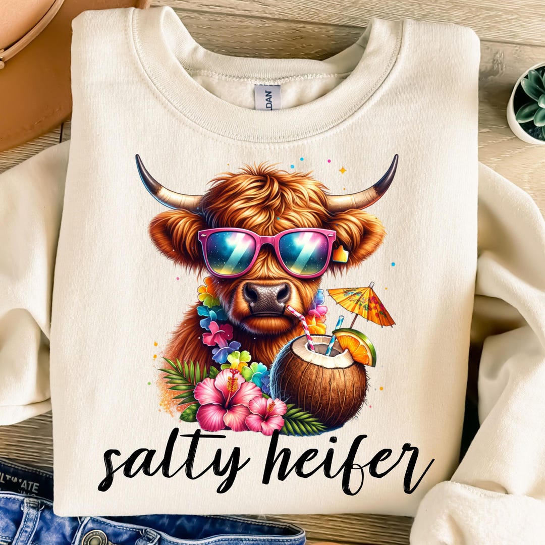Salty Heifer Highland Cow PNG – Tropical Beach Cow With Coconut Drink ...