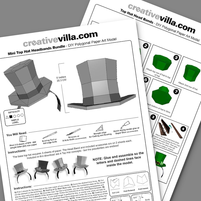 Mini Top Hat Head Bands - DIY Low Poly Paper Model Template, Paper ...