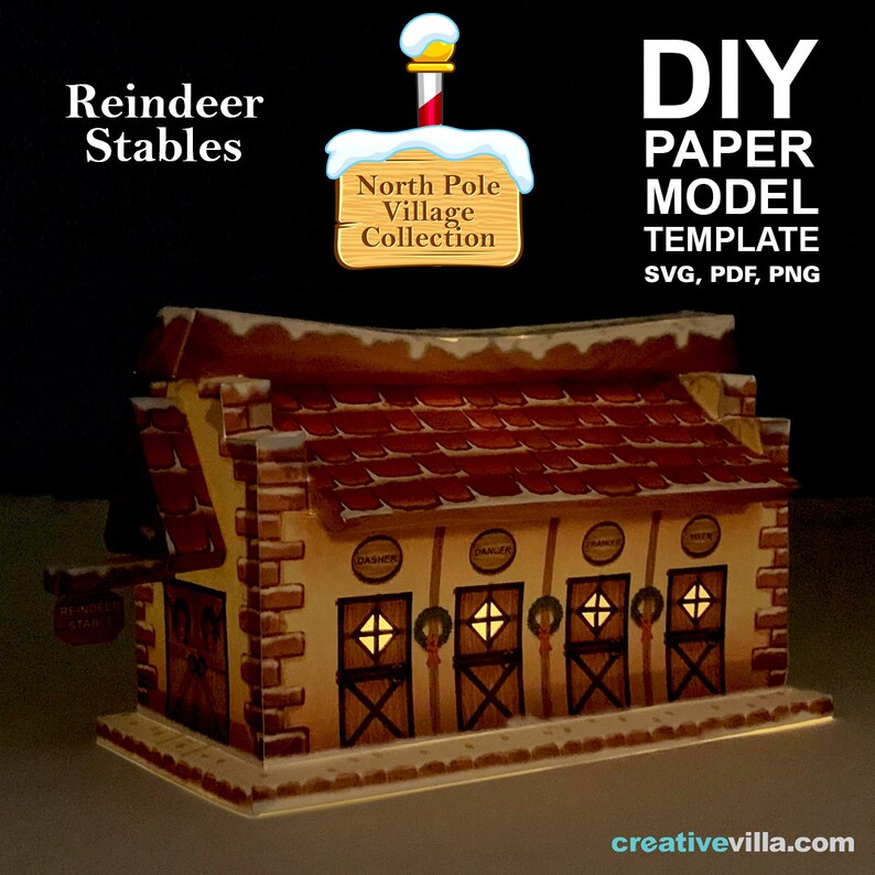 North Pole Village - Reindeer Stables - DIY Polygonal Paper Art Model ...