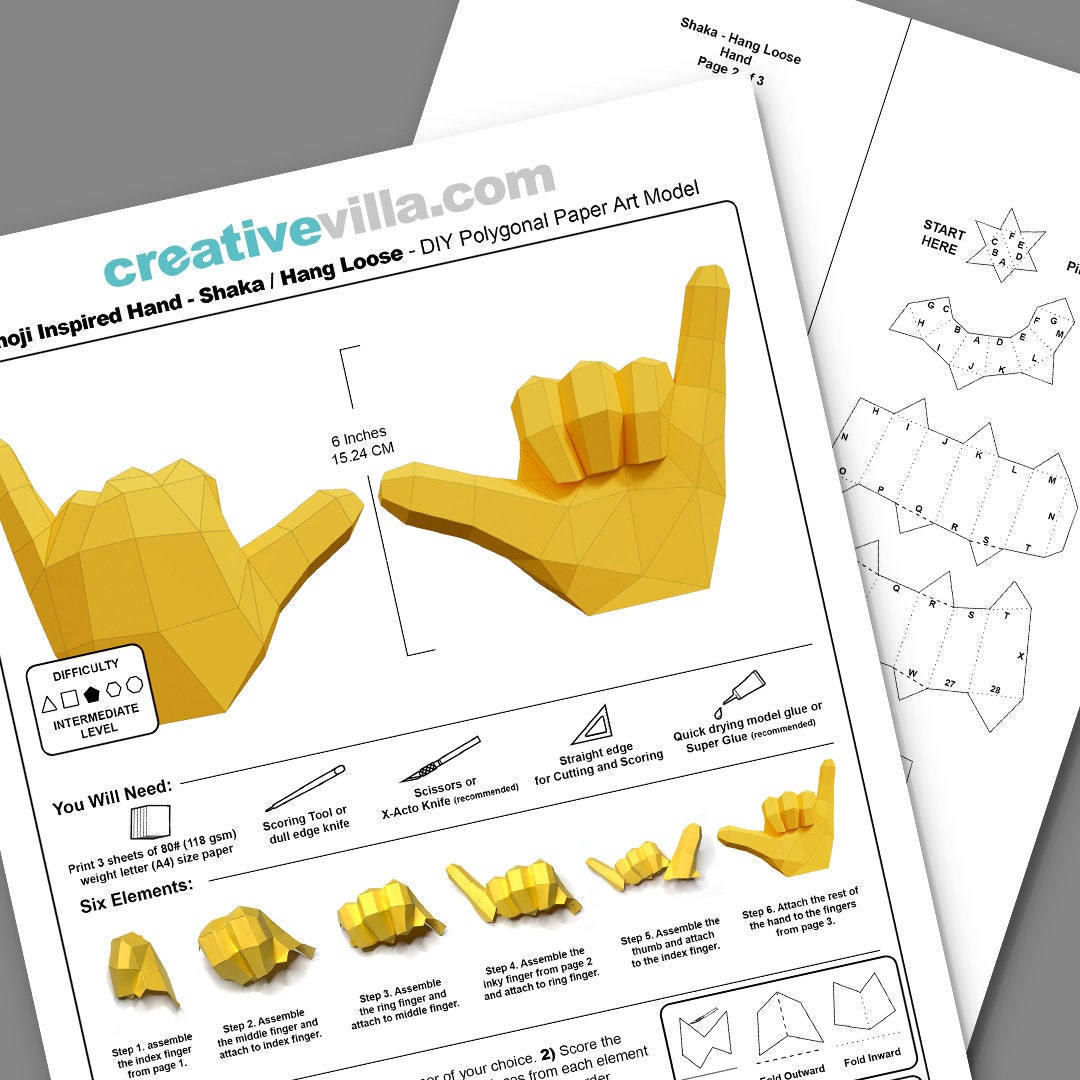 Emoji Inspired Hand - Shaka / Hang Loose - DIY Low Poly Paper Model ...