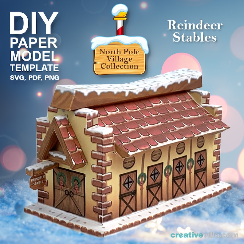 North Pole Village - Reindeer Stables - DIY Polygonal Paper Art Model ...