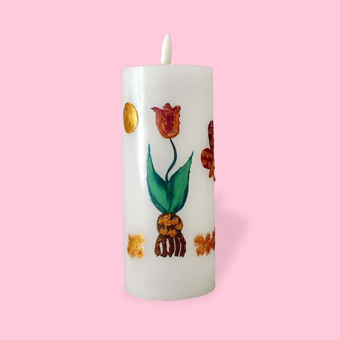 White LED Candle With "tulip With Bulb, Butterfly, and Gold Highlights ...