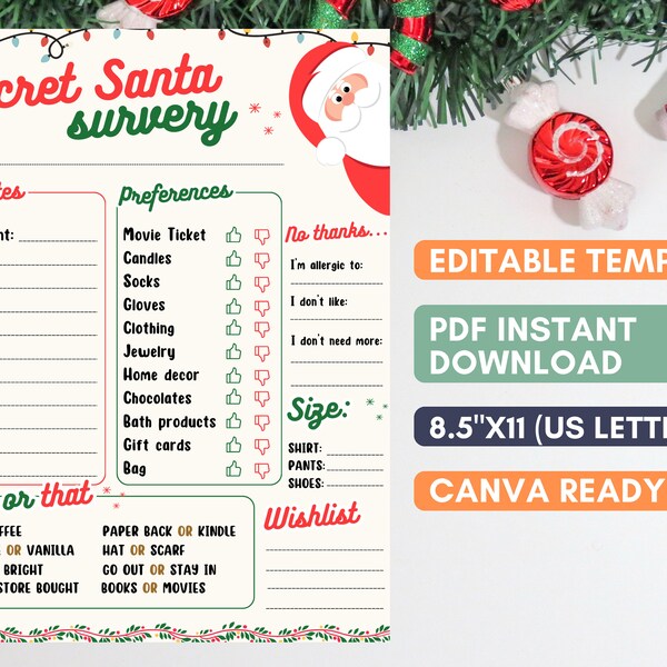Secret Santa Questionnaire Printable Free - Etsy