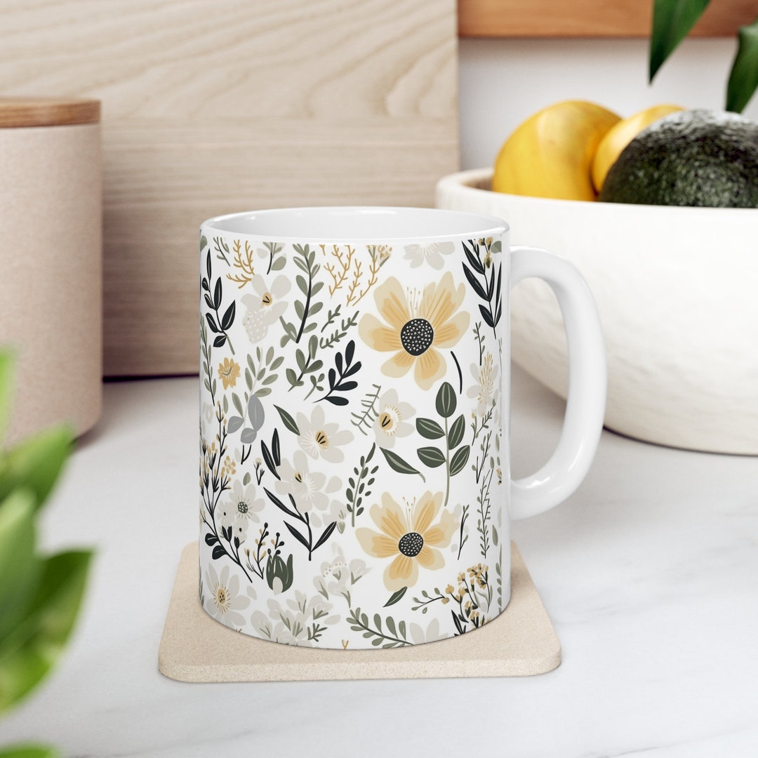 Organic Modern Floral Mug, Spring Mugs, Neutral Colors Flowers Design ...