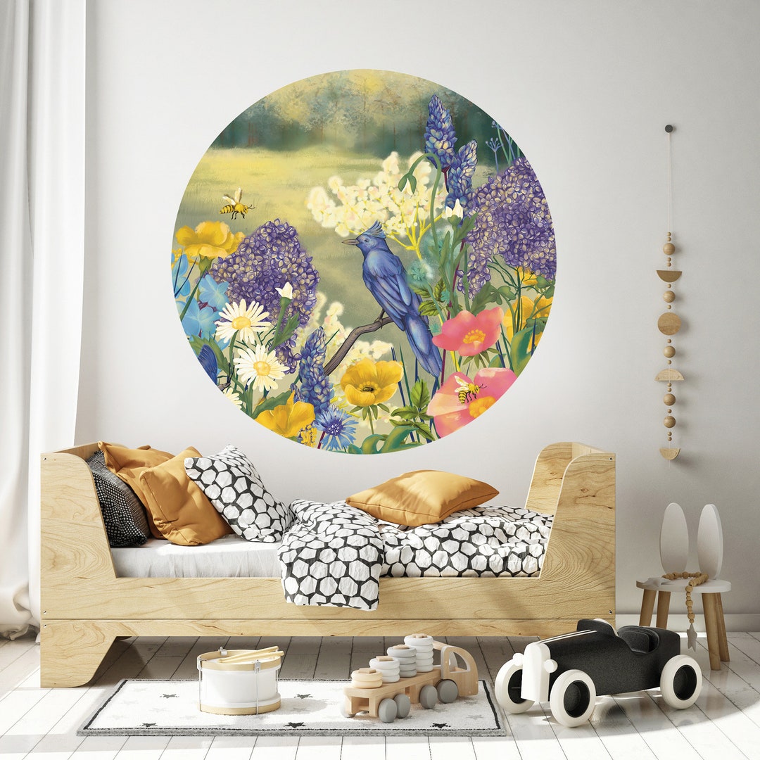 Children Wall Decal - Colorful Flowers With Bird - Round Wall Sticker ...