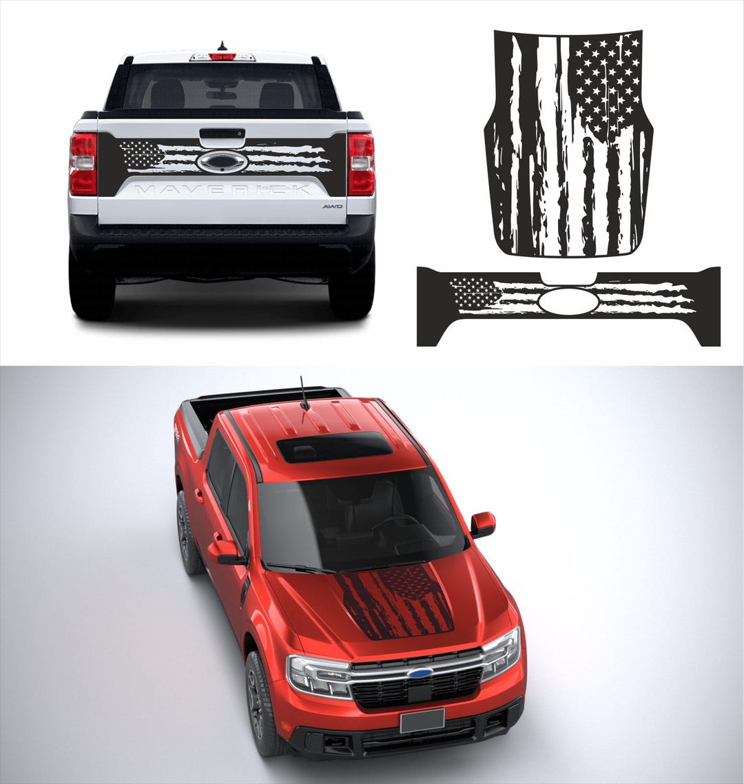 Hood and Tail Gate Stripe American Flag Vinyl Decals Fits Ford Maveric ...