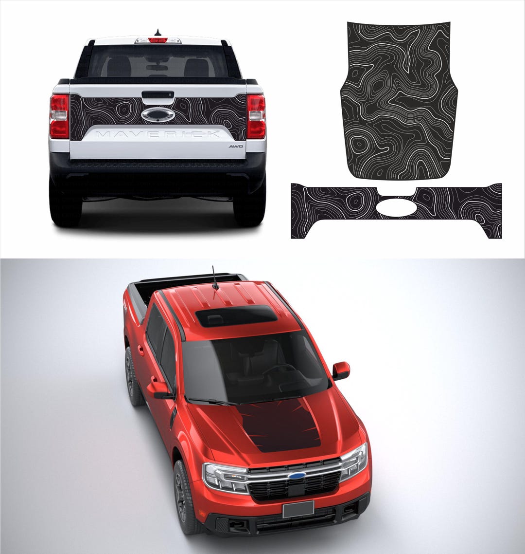 Hood and Tail Gate Stripe Topographic Map Vinyl Decals Fits Ford ...