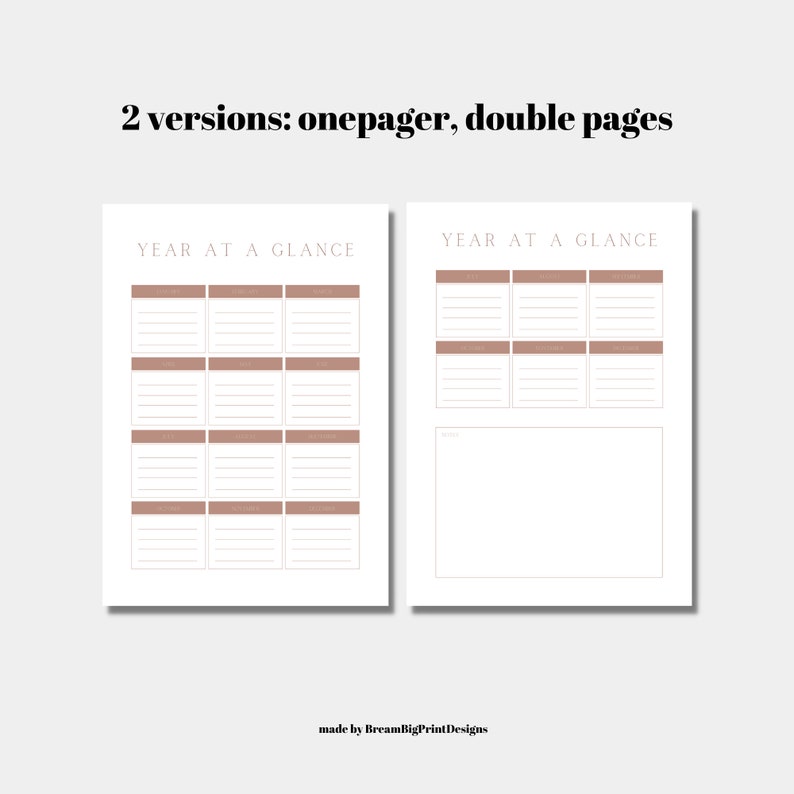 Year at a Glance, One Page Yearly Planner, Two Page Planner Printable ...