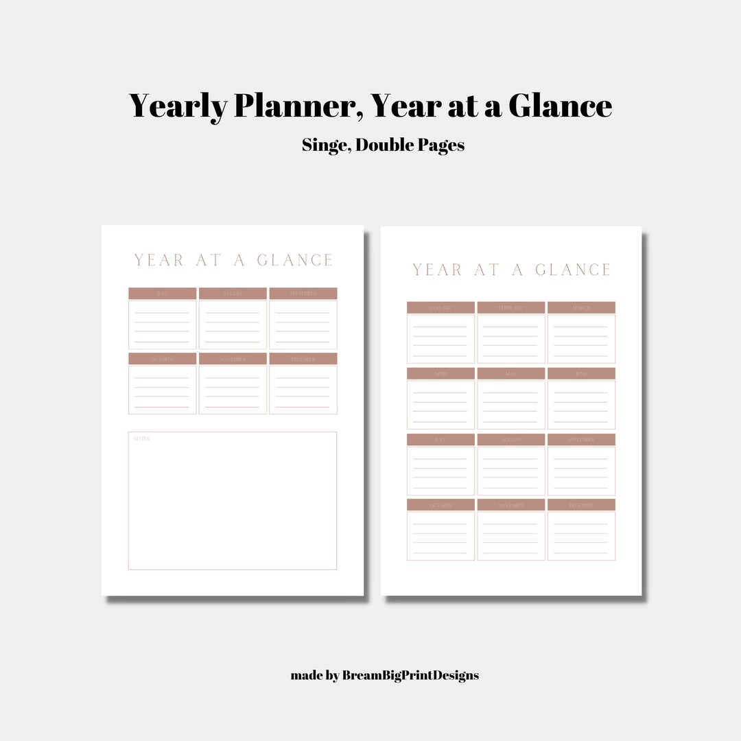 Year at a Glance, One Page Yearly Planner, Two Page Planner Printable ...