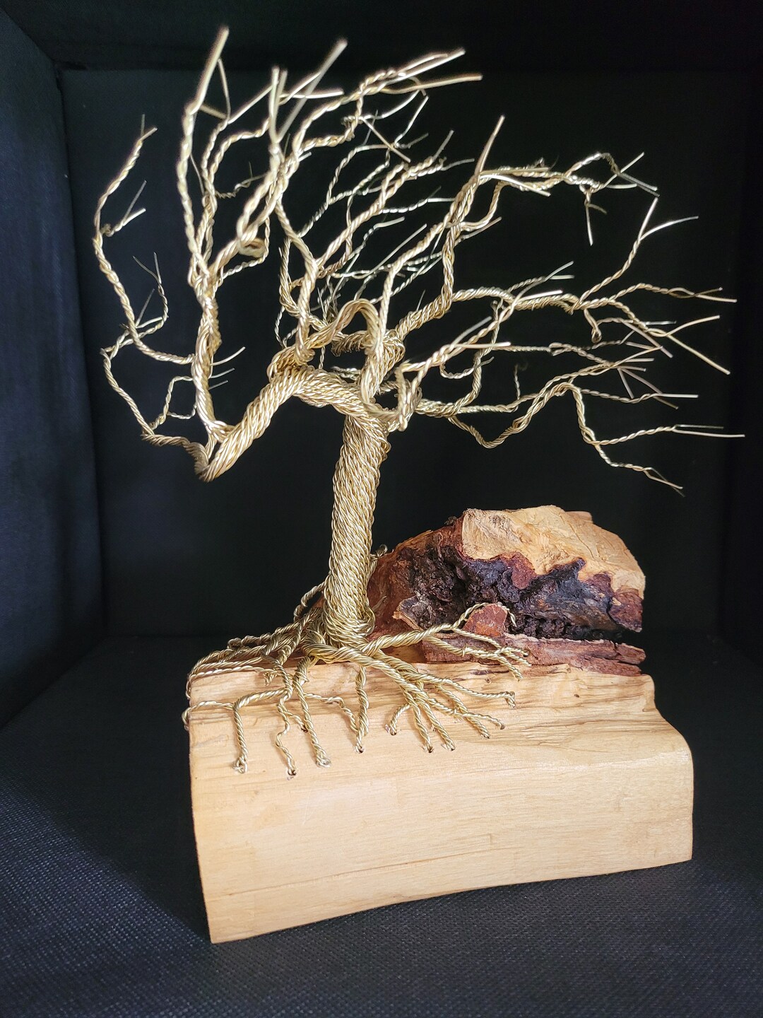 Champagne Gold Windswept Wire Tree Sculpture on a Hand Finished Natural ...