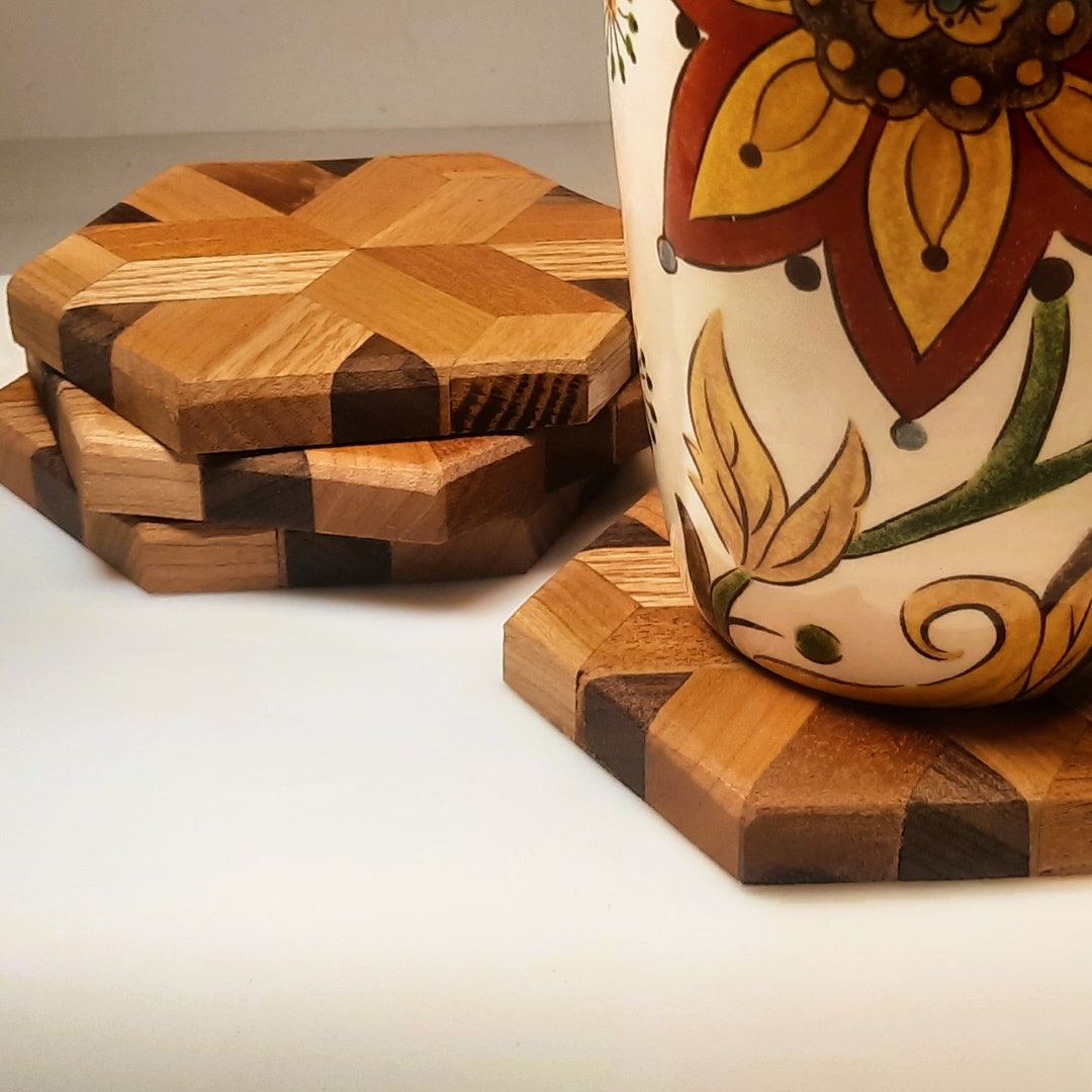 Wood Coasters Set of 4, Segmented Wood Coasters, Oak, Walnut, Mahogany ...