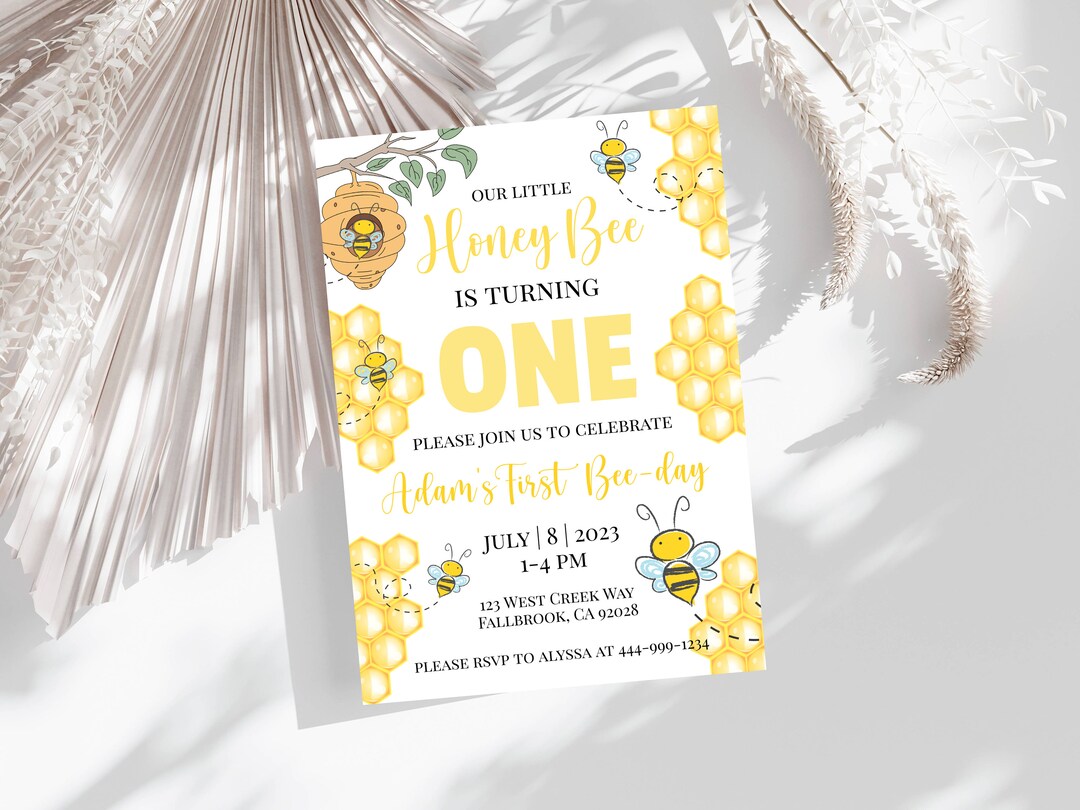 Birthday Party Invite Template, Bee-day, Bee Theme, Invitation, First ...