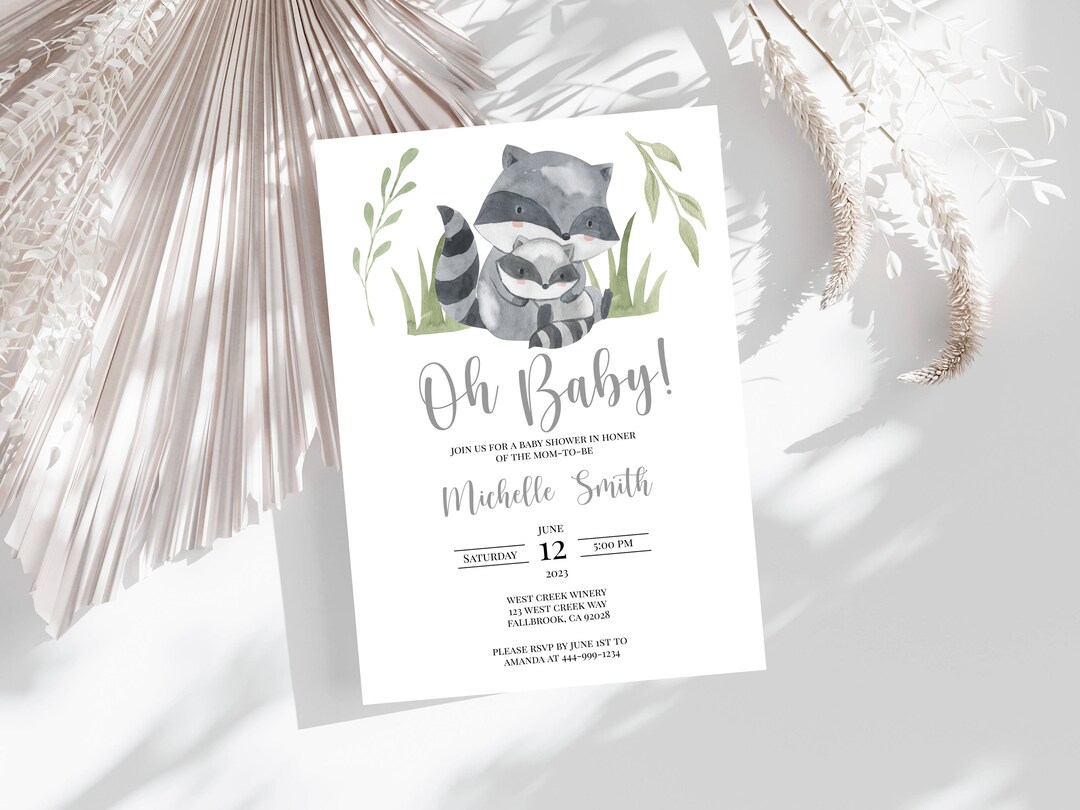 Baby Shower Invitation Template, Raccoon, Woodland Themed, Invite ...
