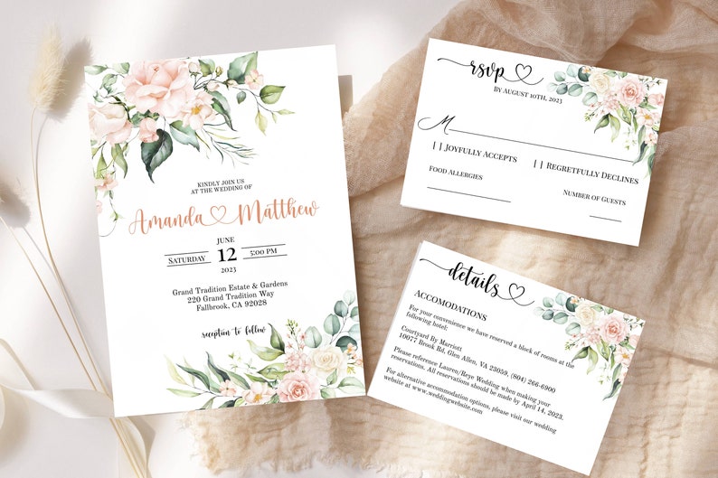 Wedding Invitation Template Bundle, Invite, RSVP Card, Details/accommodations Card, Printable ...