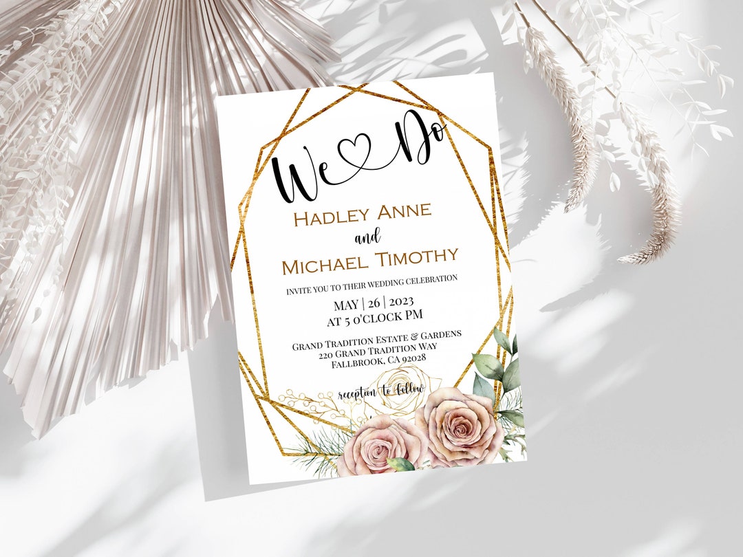 Blush Gold Wedding Invitation Template, 5x7, Printable, Invite, Rose ...
