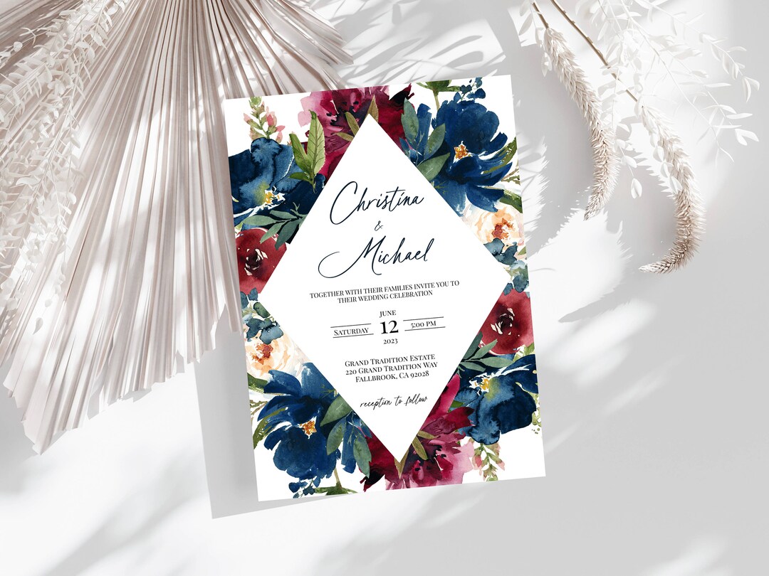 Bordo and Navy Wedding Invitation Template, Burgundy and Blue, Invite ...