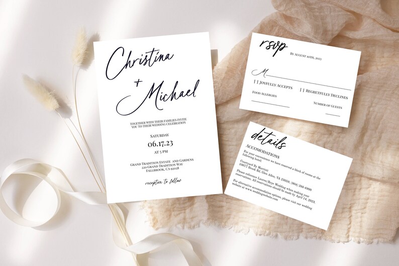 Minimalist Wedding Invitation Bundle, Template, Invite, RSVP Card, Details/accommodations Card ...