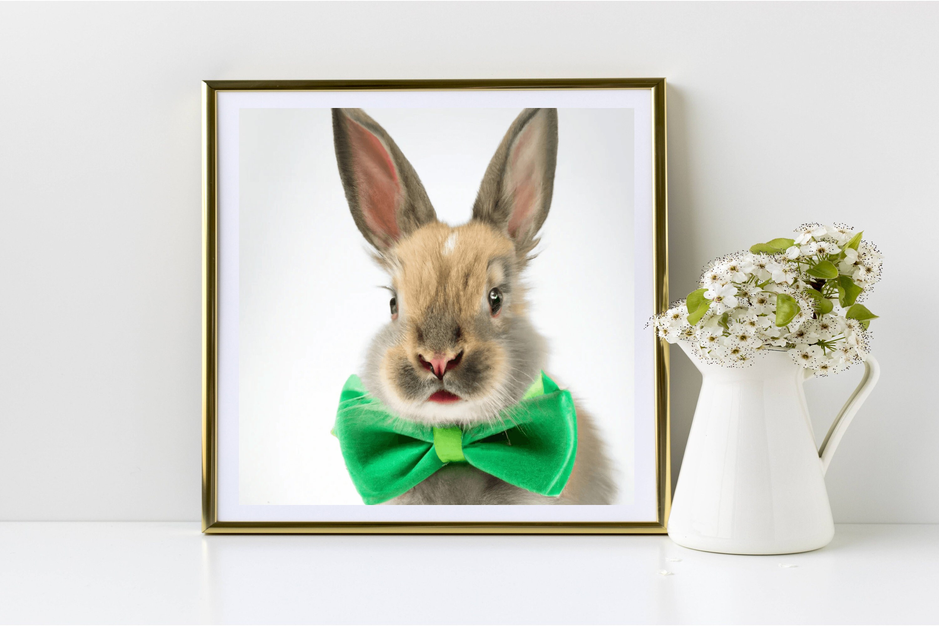 Adorable Bunny Printable Wall Art, Rabbit, Bunny With Big Green Bowtie ...