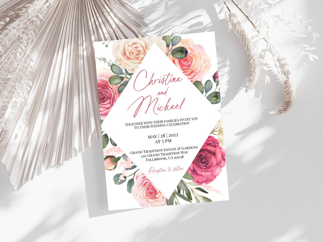 Floral Wedding Invitation Template, Printable, Rose, Invite, INSTANT ...