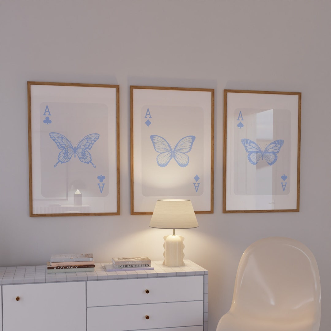 Blue Wall Art Trendy Gallery Wall Set of 4 Playing Card Print Butterfly ...
