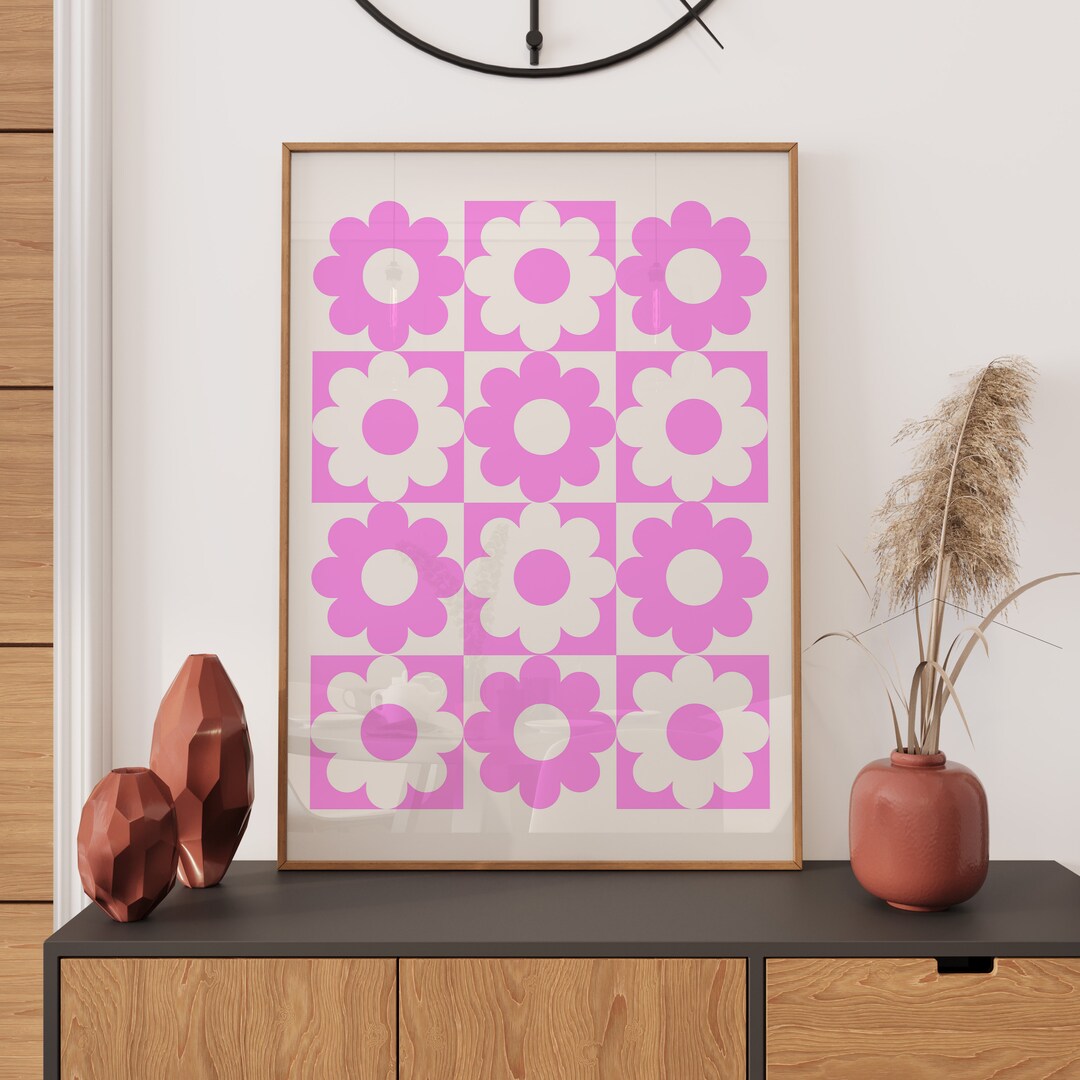Hot Pink Poster Retro Flower Wall Art Pink Art Prints Trendy Digital ...