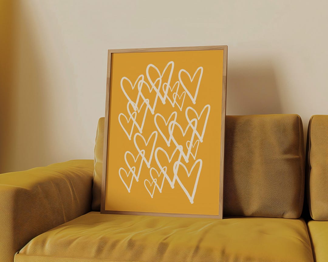 Mustard Yellow Print Grafitti Hearts Wall Art Yellow Art Prints Trendy ...