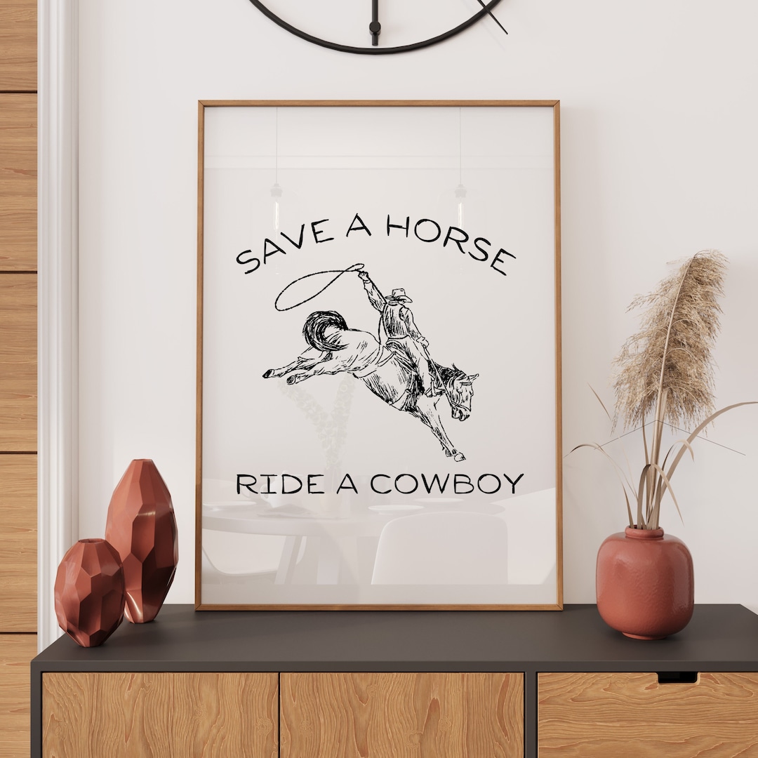 Cowboy Print Vintage Retro Poster Black and White Western Wall Decor ...