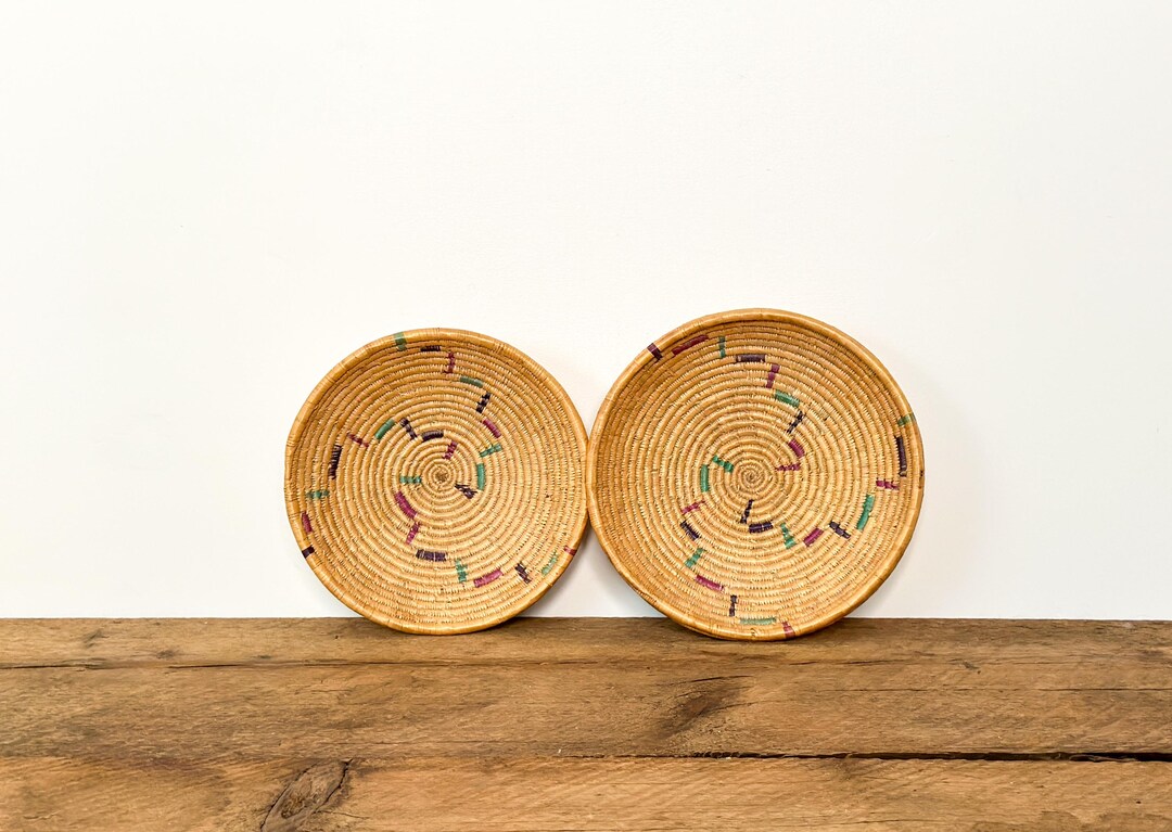 Two Vintage Tribal Hausa Woven Coil Baskets: Beige With a Purple and ...