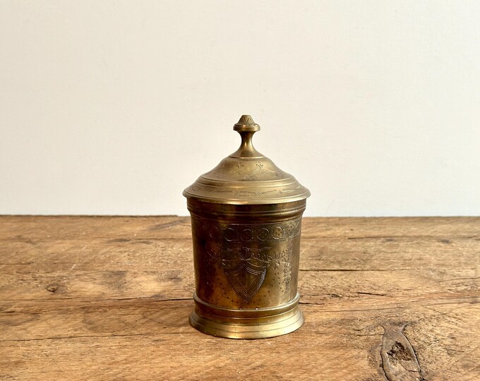 Antique Indian Brass Tea Caddy With Etched Floral and Geometric Designs ...