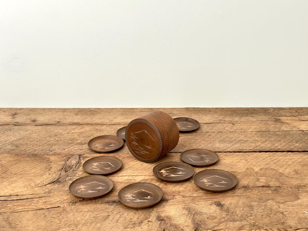 Antique Japanese Chip Carved Round Wood Box With 9 Coasters, With a ...