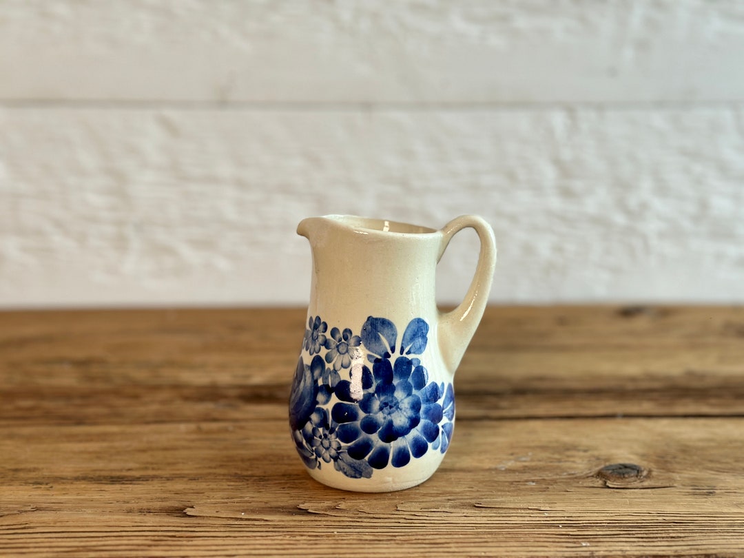 Vintage Mexican Hand-painted Ceramic Milk Jug or Pitcher, White With ...