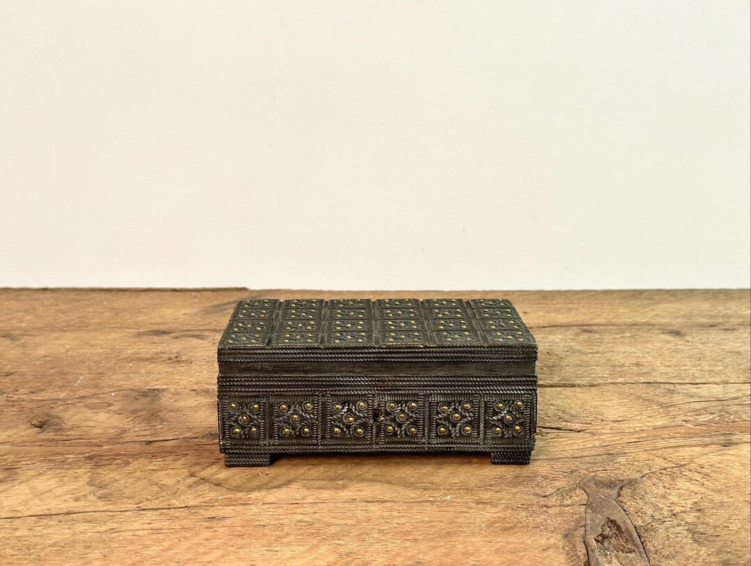 Vintage Polish Hand-carved Dark Brown Wooden Jewelry or Trinket Box ...