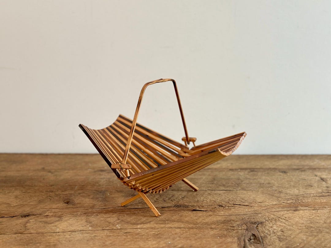 Vintage Mid-century Chopstick Folding Basket With Handle, Bamboo ...