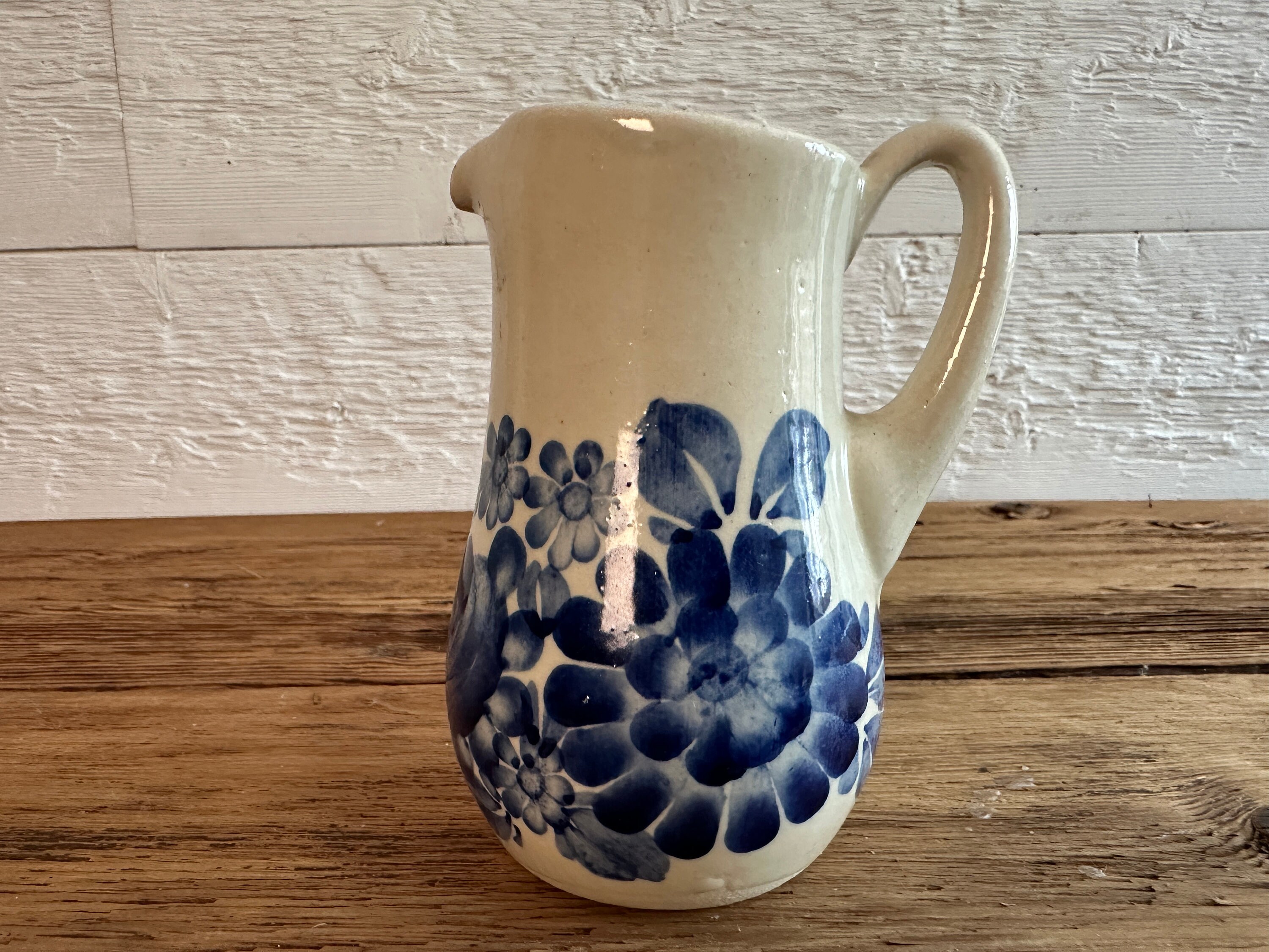 Vintage Mexican Hand-painted Ceramic Milk Jug or Pitcher, White With ...